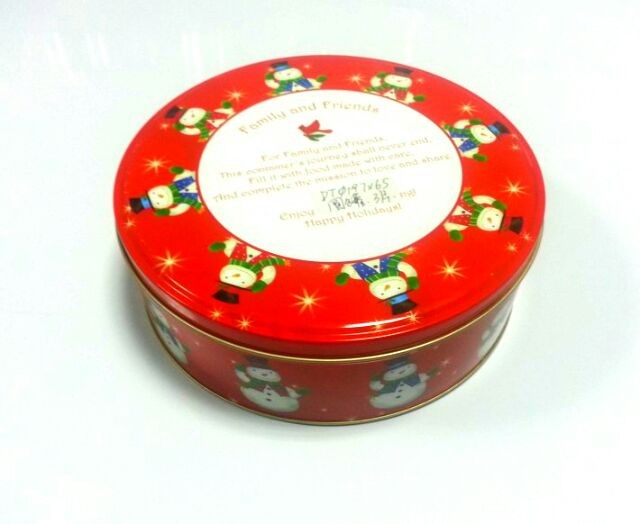 Cylinder Tin Cookie Container For Christmas Holiday With Lable On Bottom