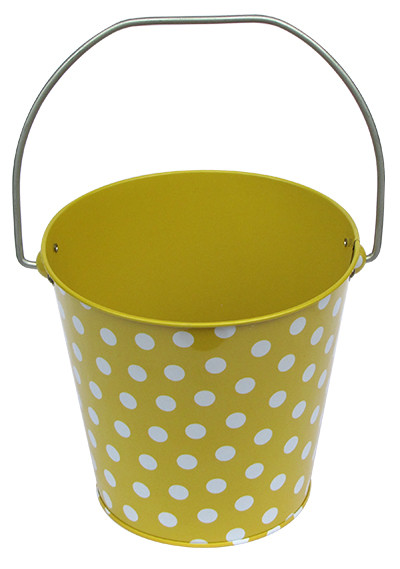 Recyclable Metal Tin Bucket With Handle And White Dots On Body , Solid ...